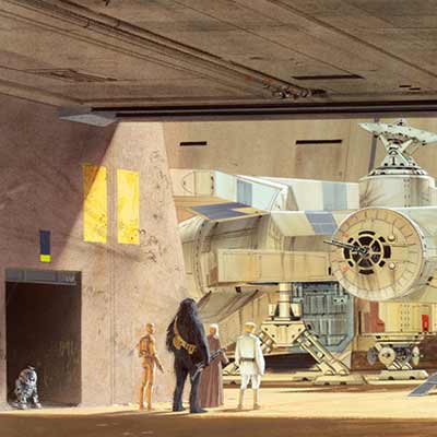 Spaceport Hangar on Mos Eisley by Ralph McQuarrie | Star Wars Artwork ...